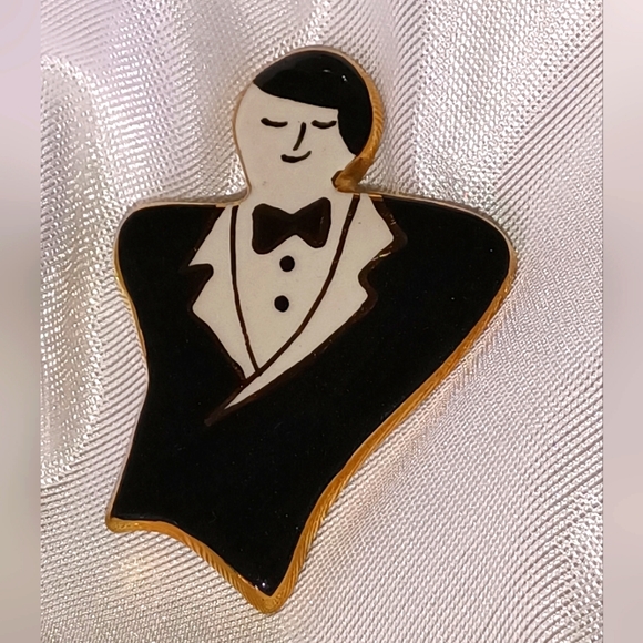 Jewelry | Vintage Handpainted Ceramic Tuxedo Person Brooch Pin | Poshmark